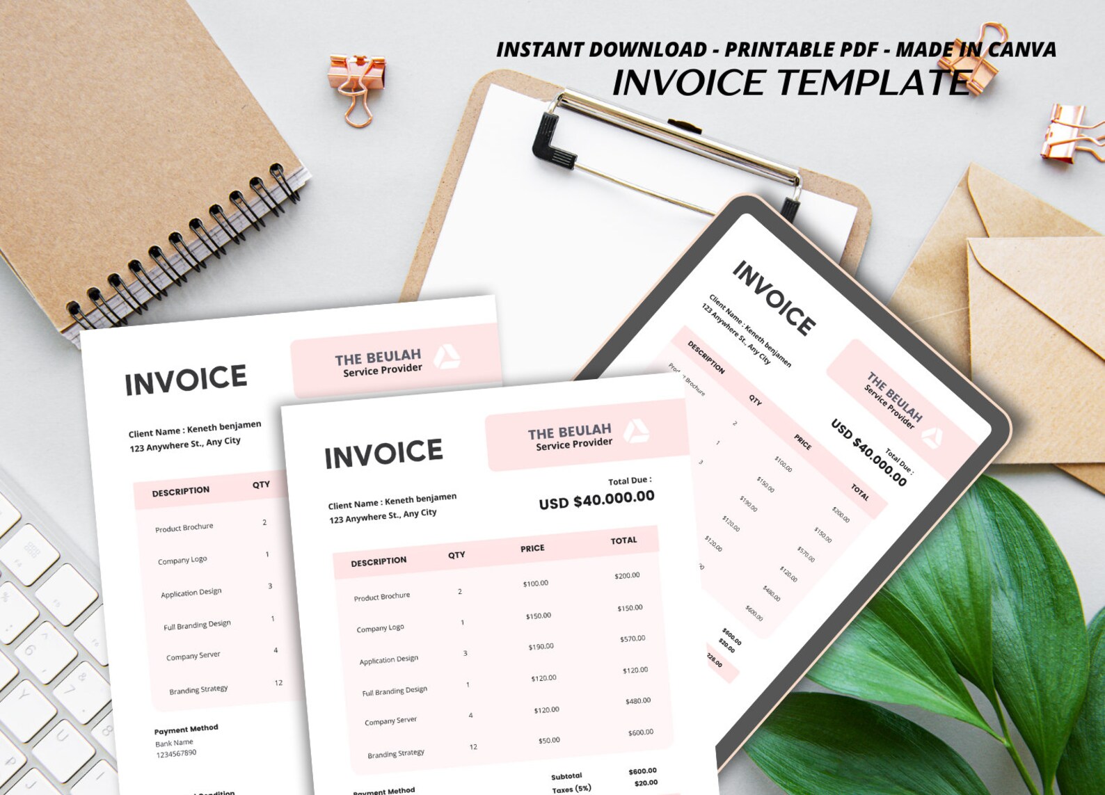Cream Clean Business Invoice, Canva Invoice Template, Printable ...