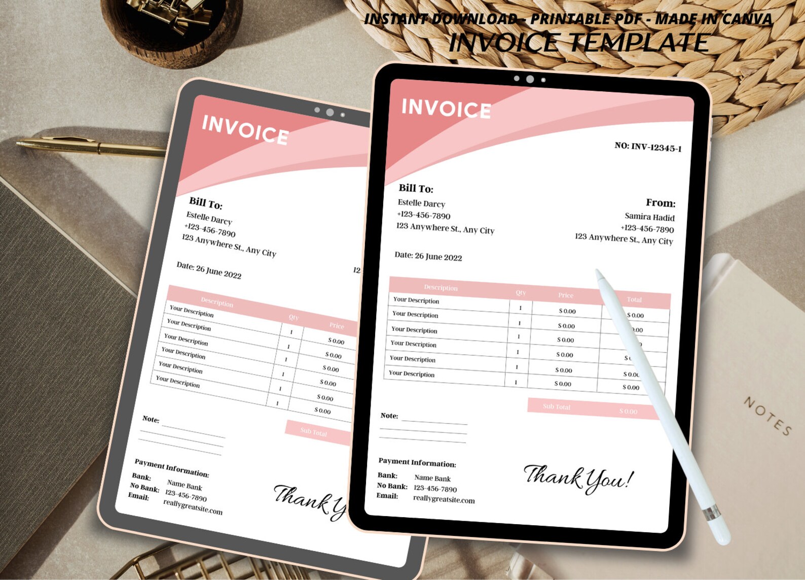 Pink Invoice Template, Printable Business Invoice, Digital Canva ...