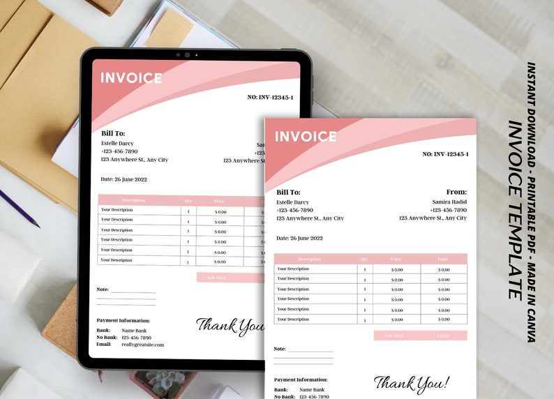 Pink Invoice Template, Printable Business Invoice, Digital Canva ...