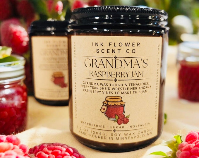 Grandma's Raspberry Jam Soy Candle 8 Oz Amber Jar | Tart Tangy Sweet ...
