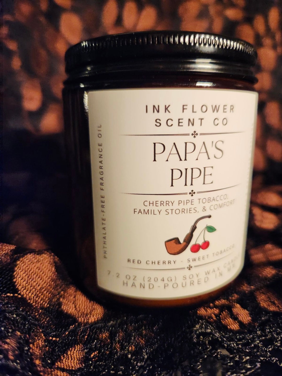 Papa’s Pipe Soy Wax Candle in Amber 8 Oz Jar | Cherry Tobacco Scent ...