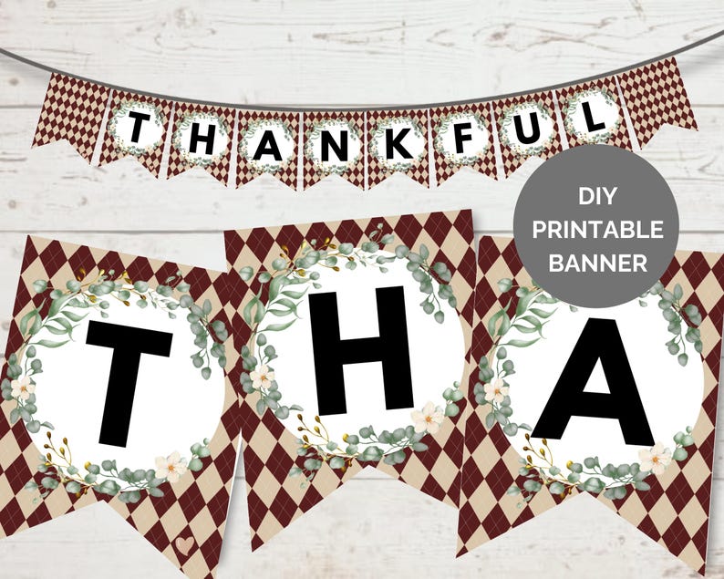 Thanksgiving Banner PRINTABLE, DIY Thankful Banner, Plaid Thanksgiving ...