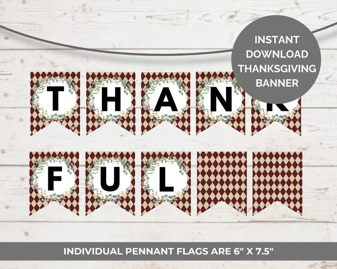 Thanksgiving Banner PRINTABLE, DIY Thankful Banner, Plaid Thanksgiving ...