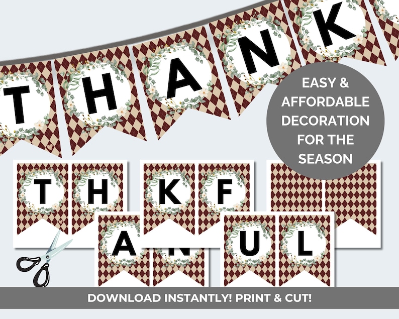 Thanksgiving Banner PRINTABLE, DIY Thankful Banner, Plaid Thanksgiving ...