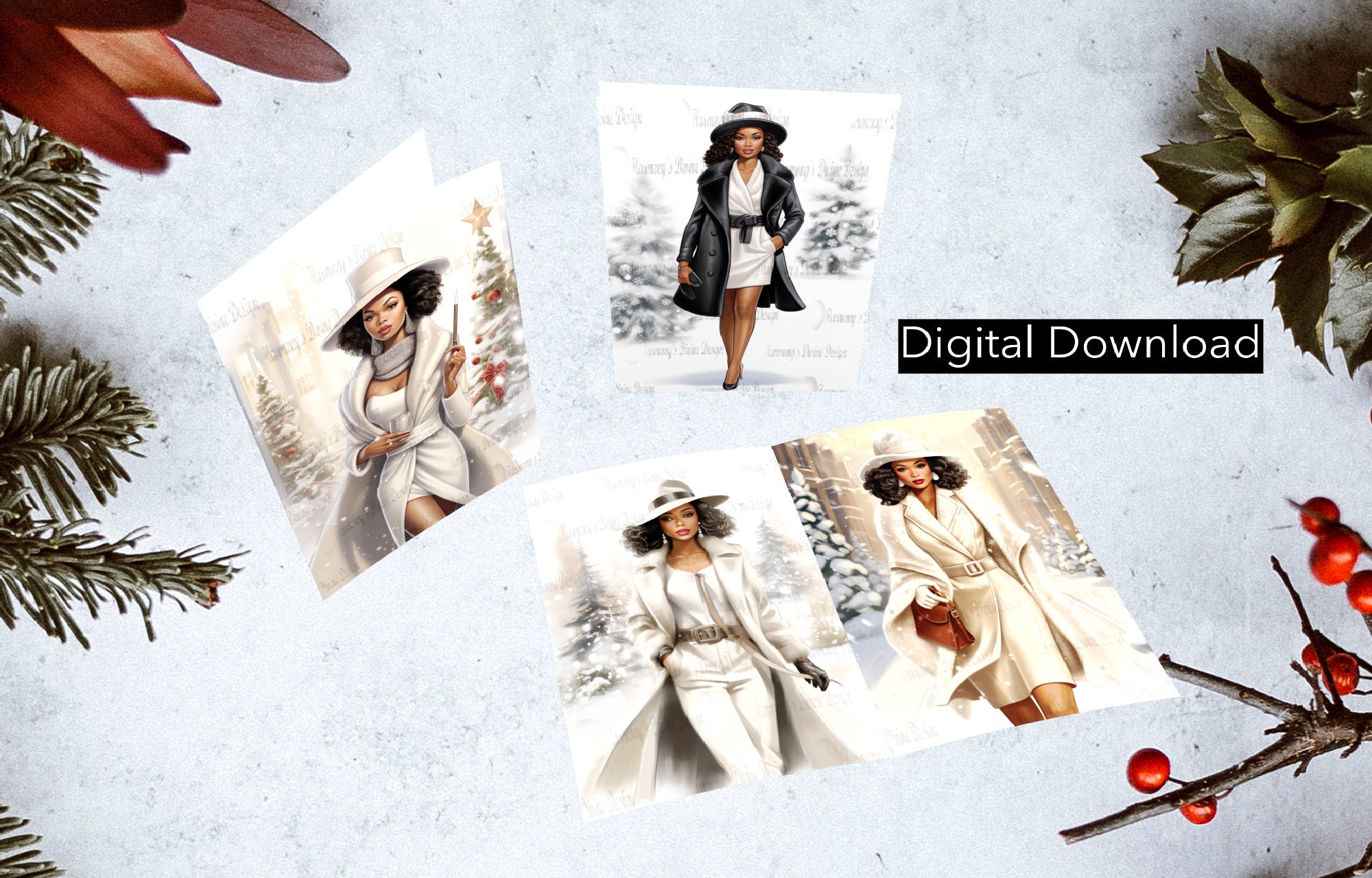 Digital Bundle Downloads 4 Watercolor Chic Holiday, Christmas Greeting ...