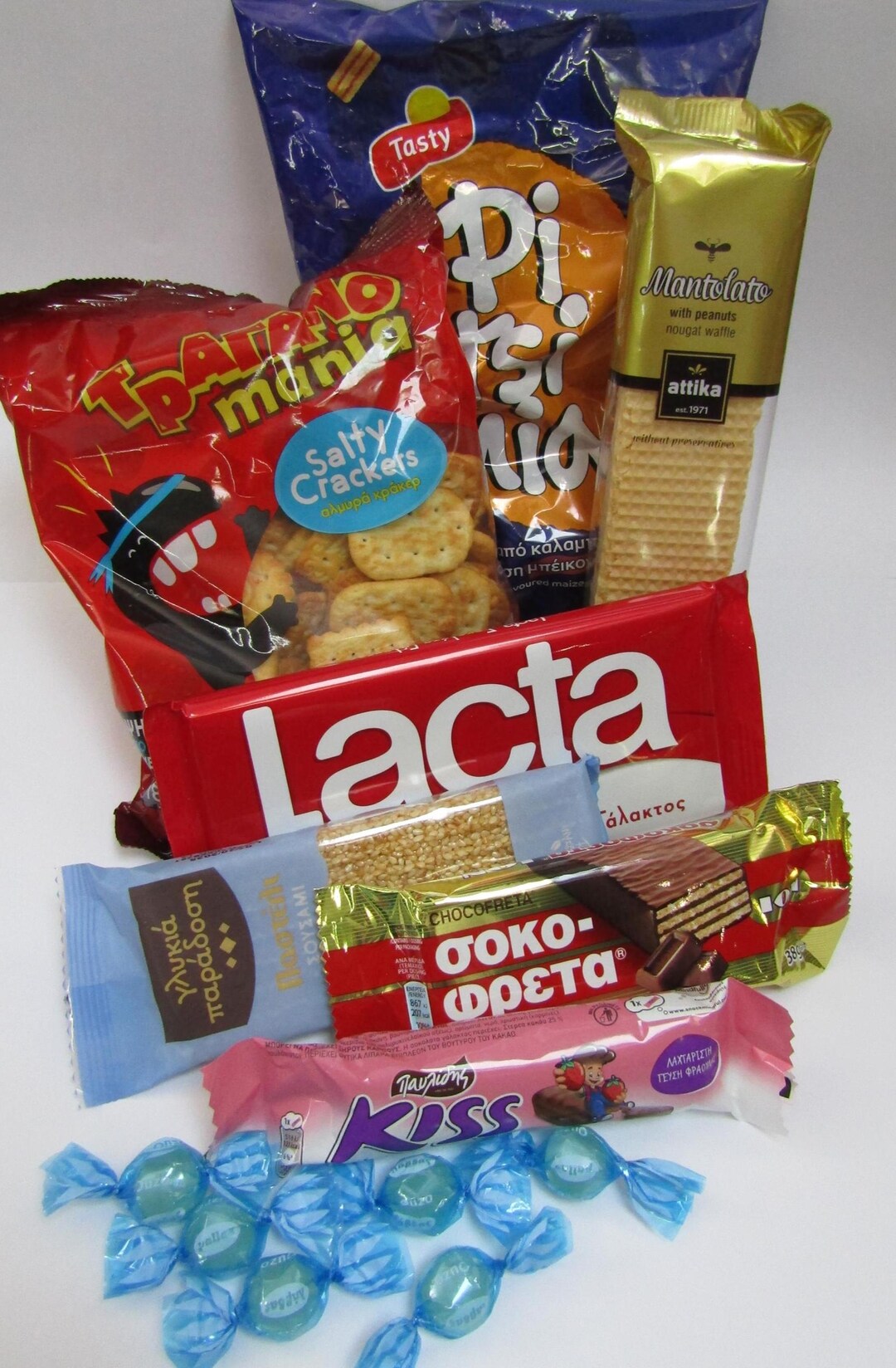 Greek Snack Box, Lacta Milk Chocolate, Pasteli, Kiss, Ouzo Candies ...