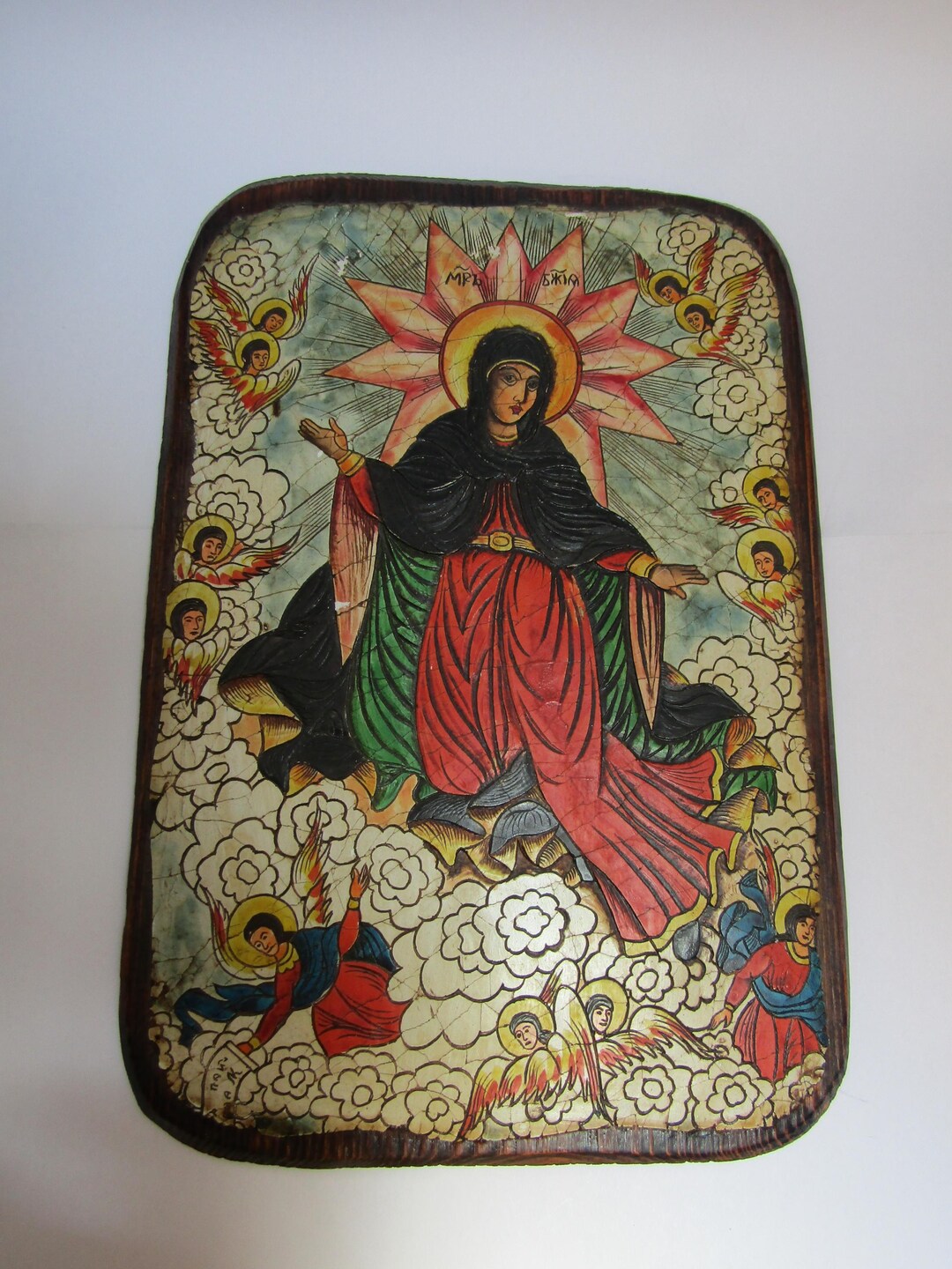 Byzantine Virgin Mary Icon With Tripod: Encaustic Art, Orthodox ...