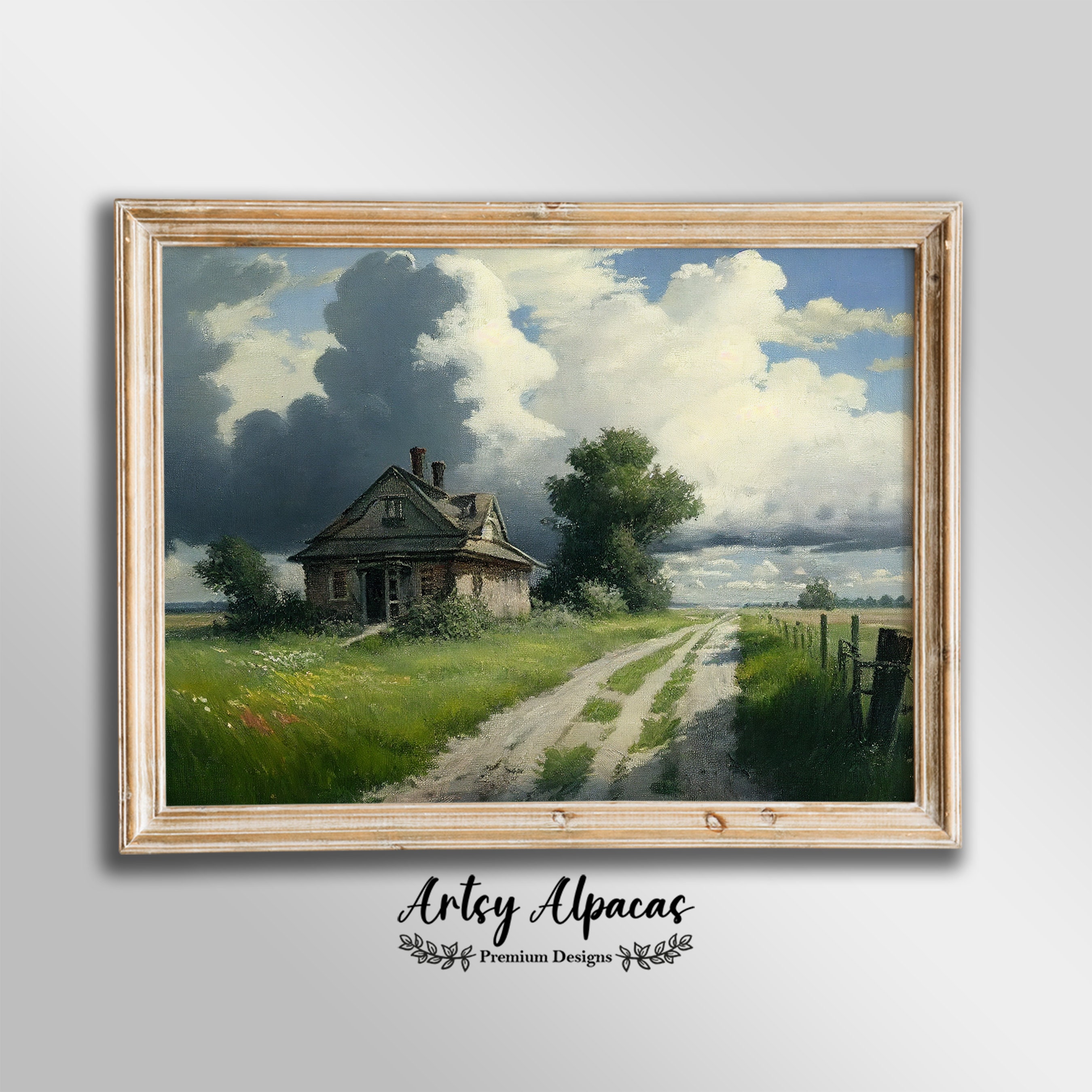 Vintage Cloudy Meadow Aesthetic Rustic Oil Painting Meadow Canvas ...