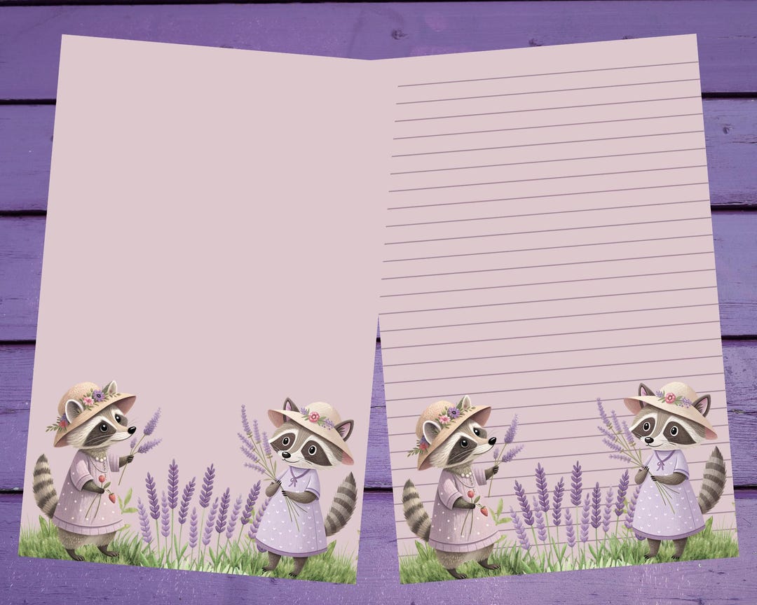 Lavender Raccoons Letter Writing Paper A5 Stationery Lined/unlined ...