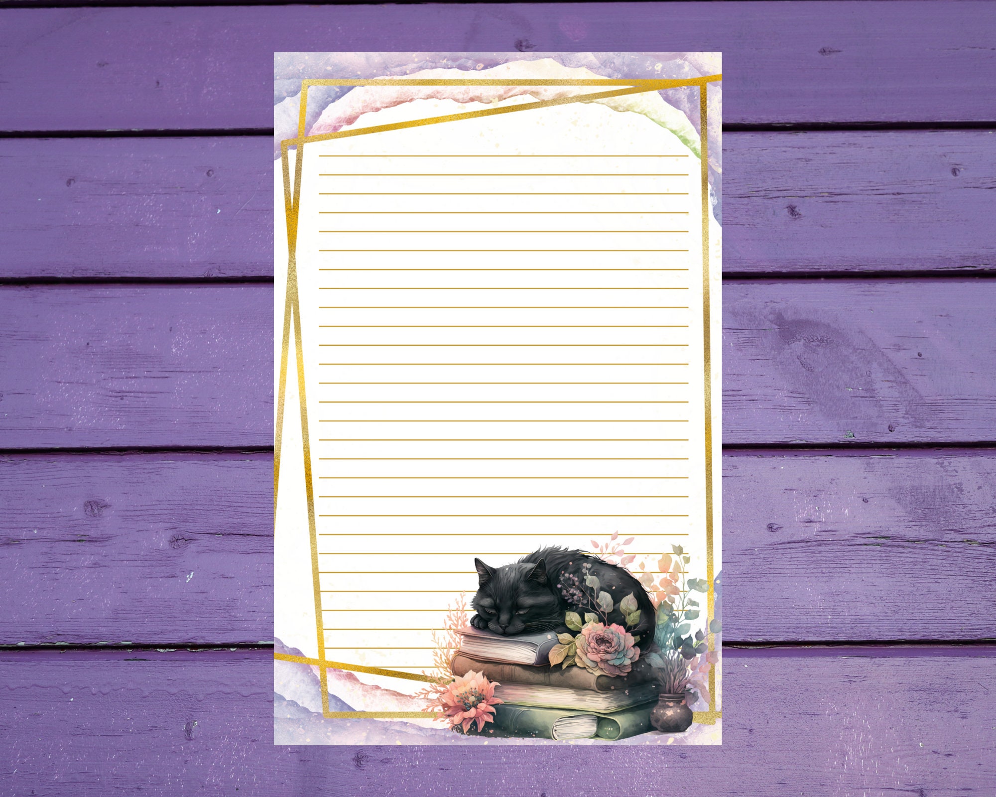 Black Cat and Books Letter Writing Paper A5 Stationery Lined/unlined ...