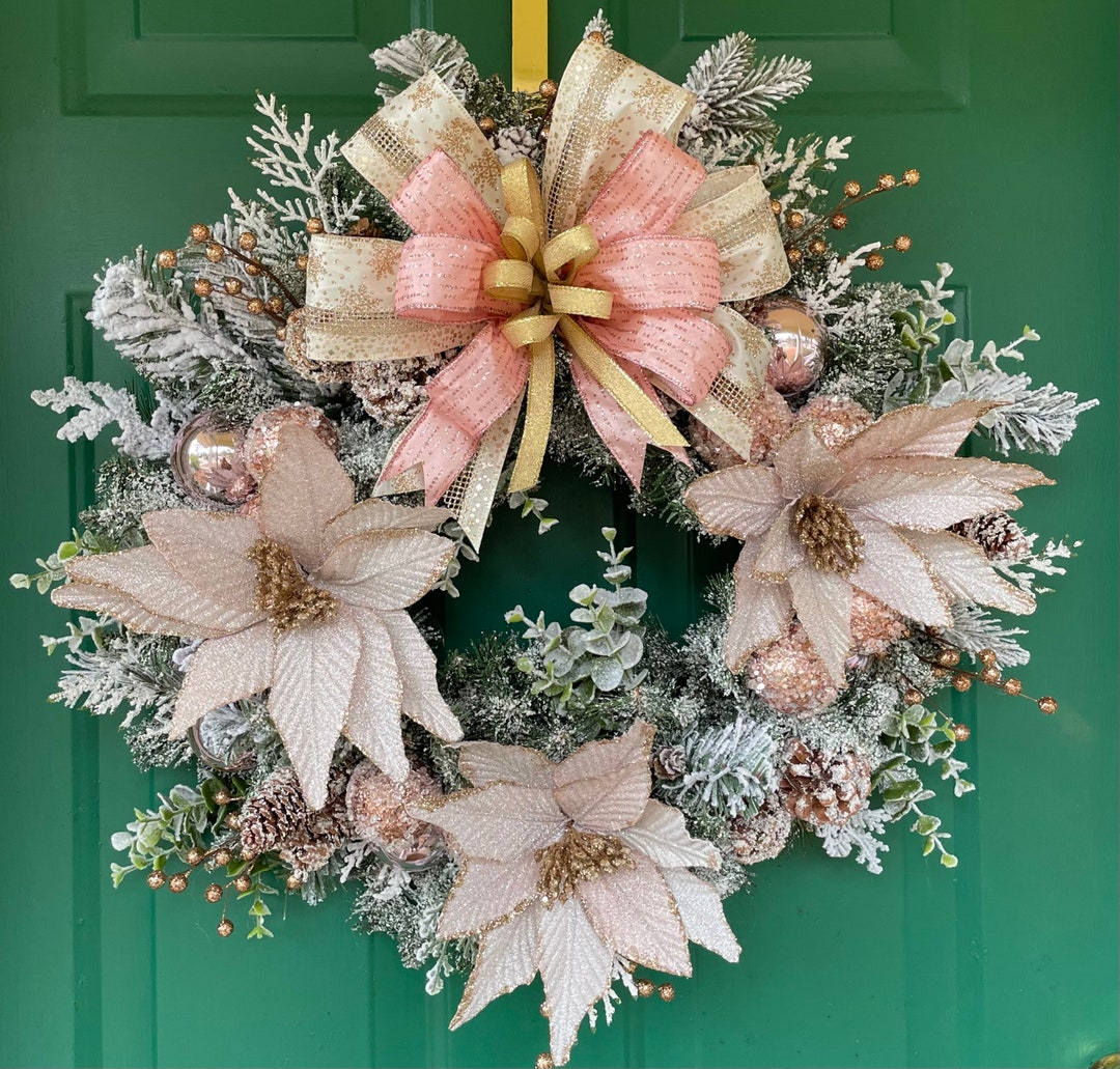 Winter Wreath Rose Gold and Champagne Wreath Poinsettia Wreath Front ...