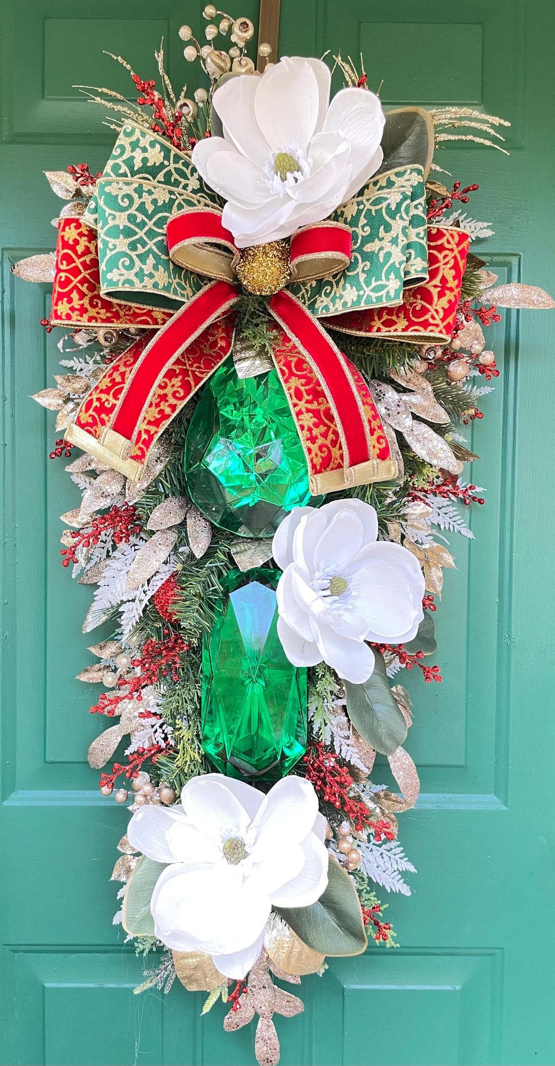 Gorgeous Red, Emerald Green and Gold Magnolia Christmas Swag for Front ...