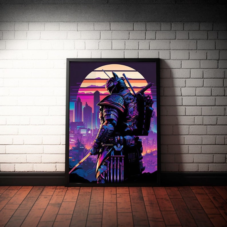 Neon Samurai Synthwave Printable Poster, Retro Samurai Warrior Artwork ...