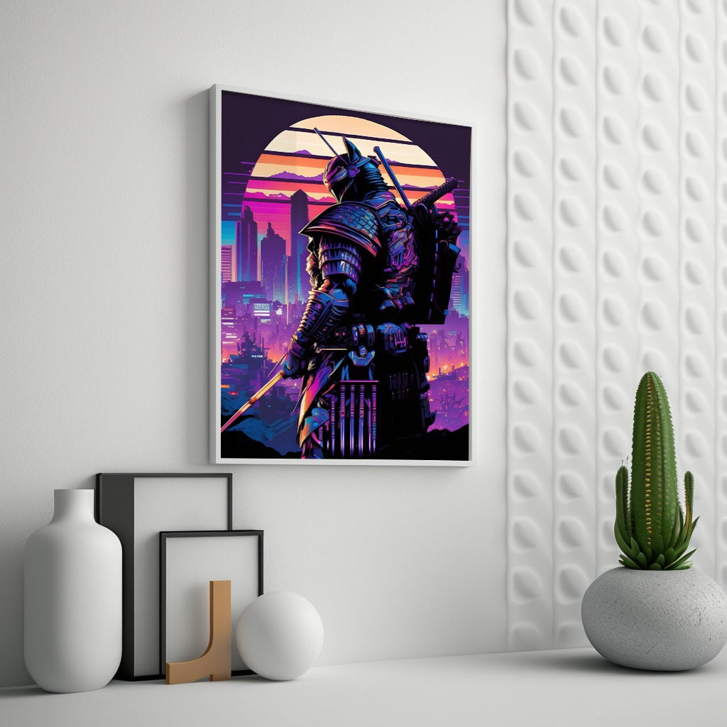 Neon Samurai Synthwave Printable Poster, Retro Samurai Warrior Artwork ...