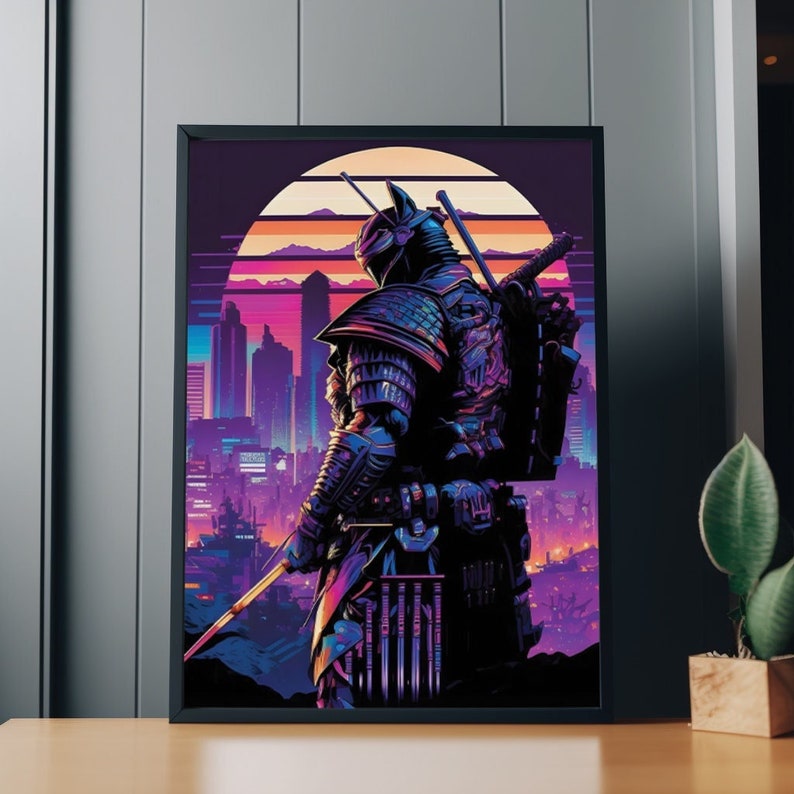 Neon Samurai Synthwave Printable Poster, Retro Samurai Warrior Artwork ...