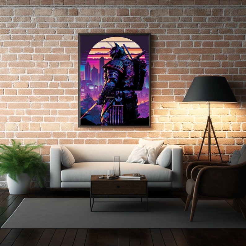 Neon Samurai Synthwave Printable Poster, Retro Samurai Warrior Artwork ...