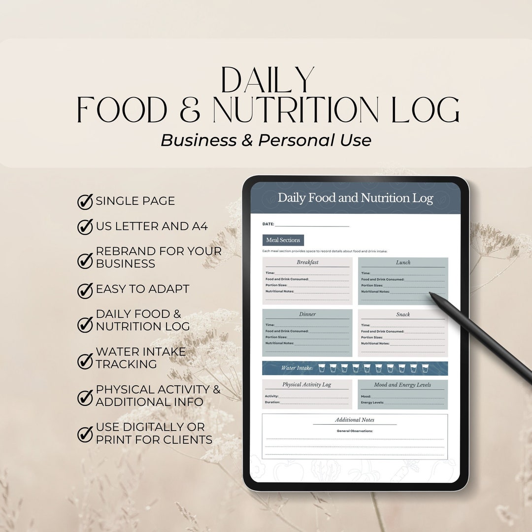 Food Log, Nutritional Log, Diet Journal Insert, Food Diary, Daily ...