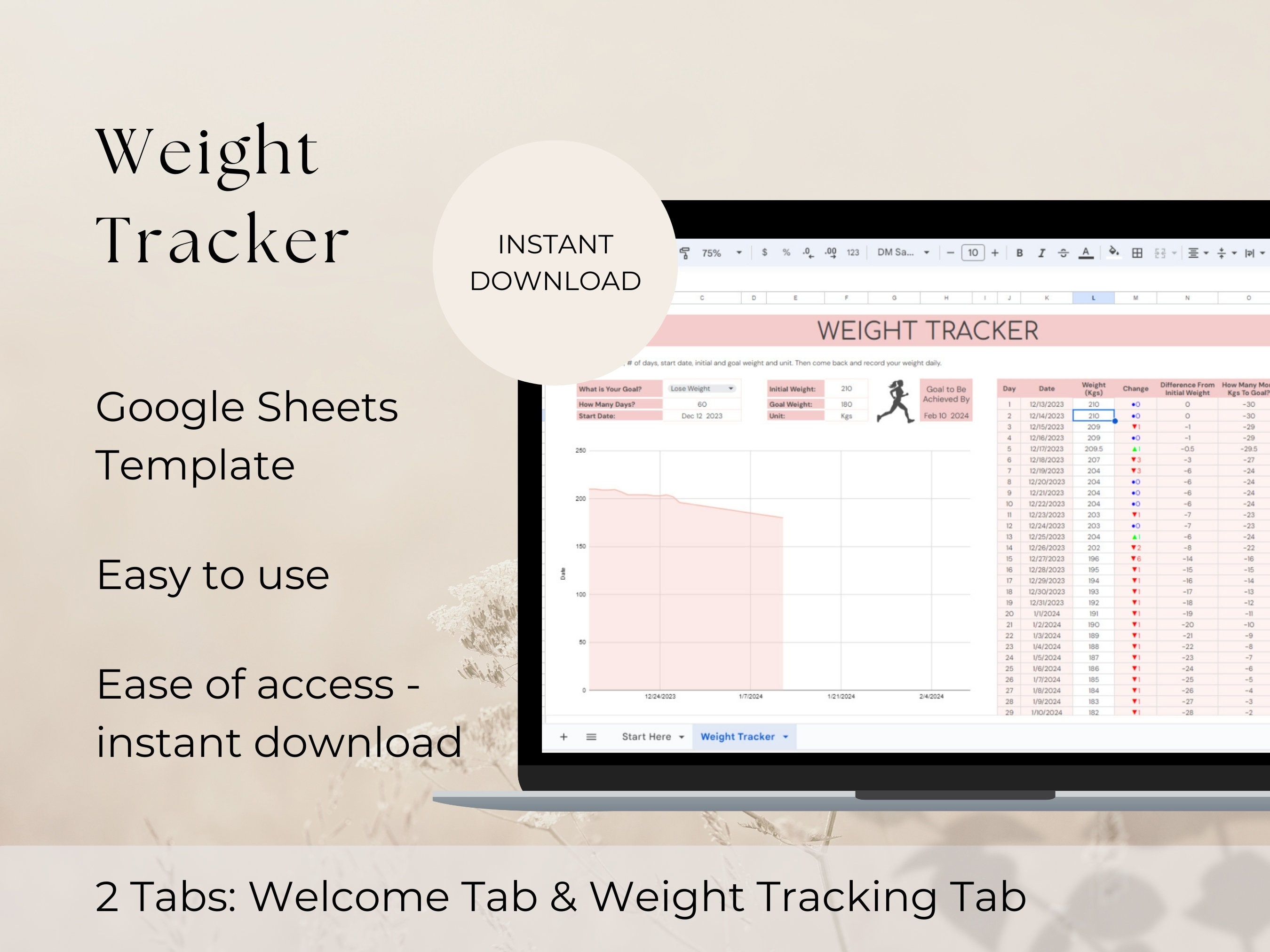 Weight Tracker Spreadsheet Google Sheets, Weight Loss Planner, Daily ...