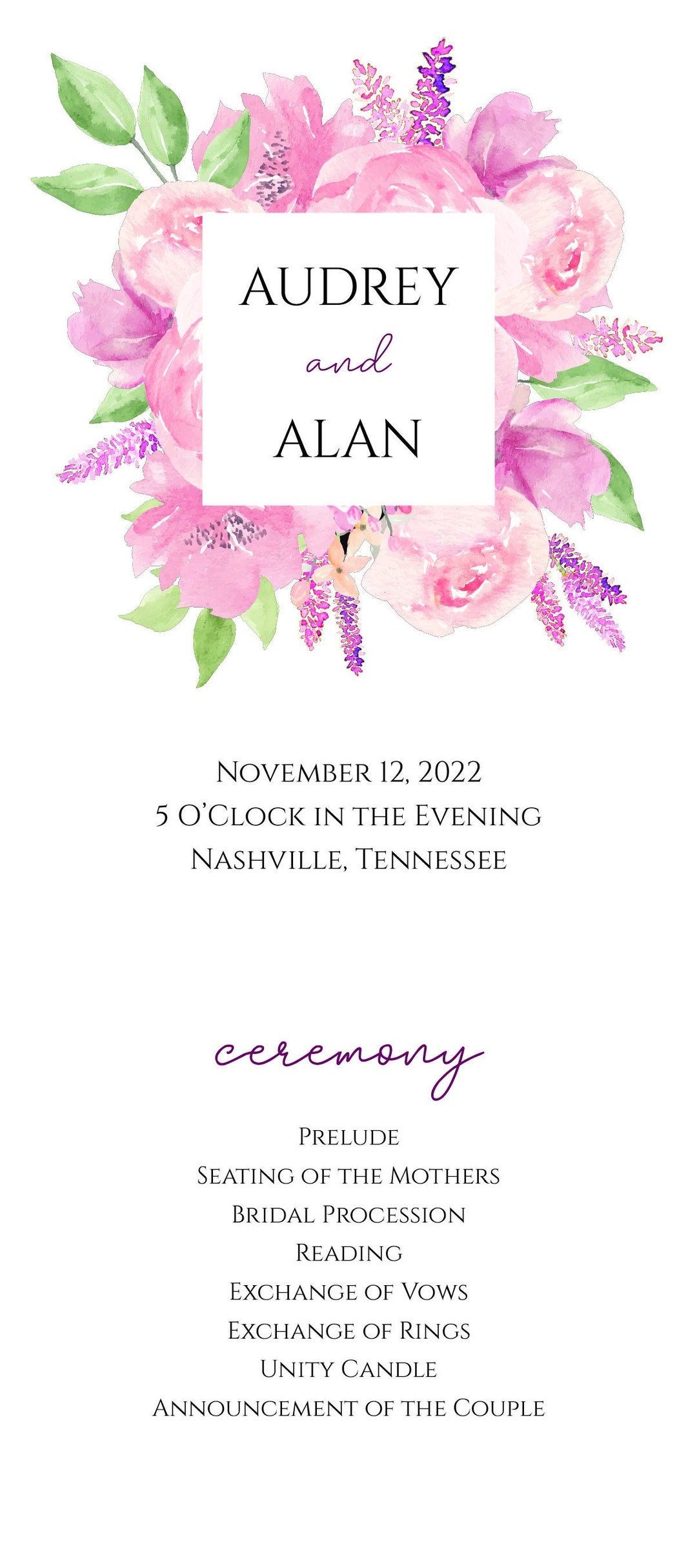 CUSTOM Ceremony Program Digital Download Editable Wedding Ceremony Program Event Stationary Rose ...
