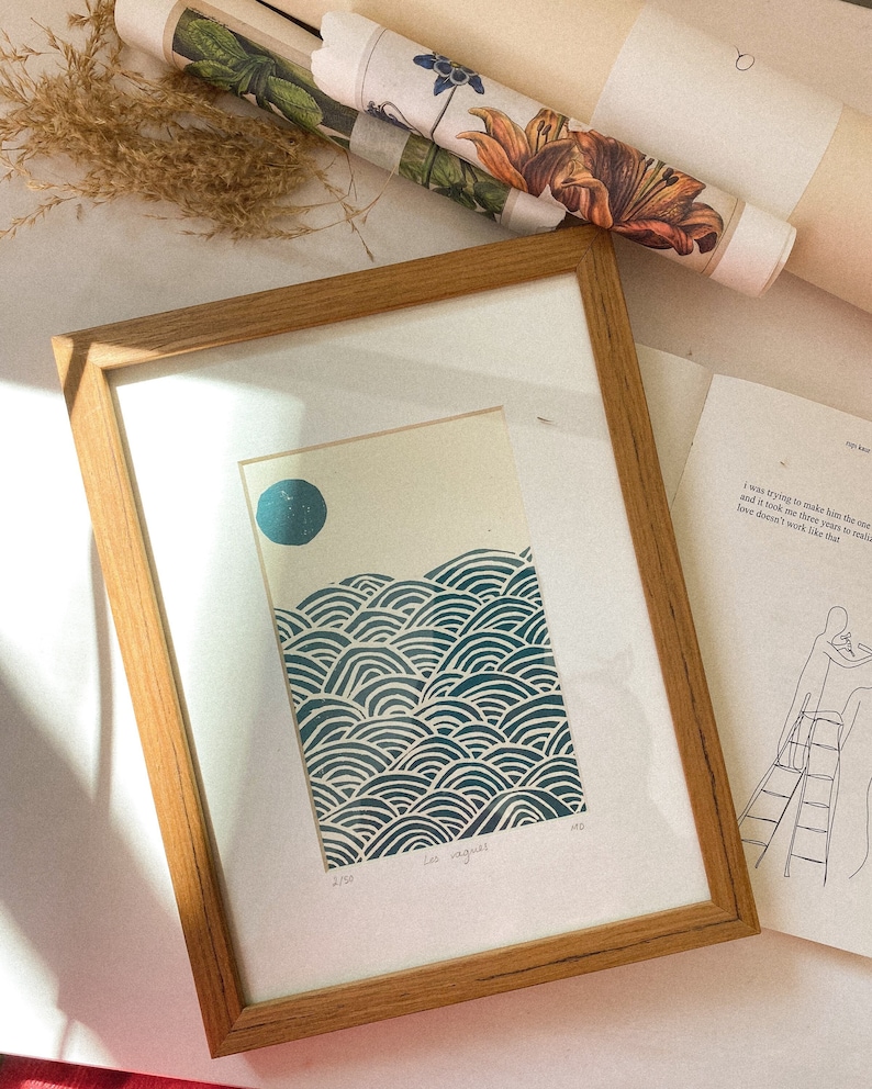 Les Vagues - Original Linocut Print - Japanese Decor Wall Art, Limited ...