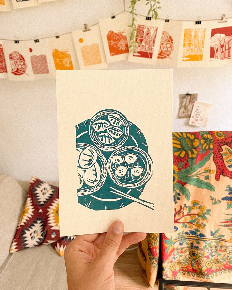 Dim Sum - Original Linocut Print - Hong Kong Travel - Food Wall Art ...