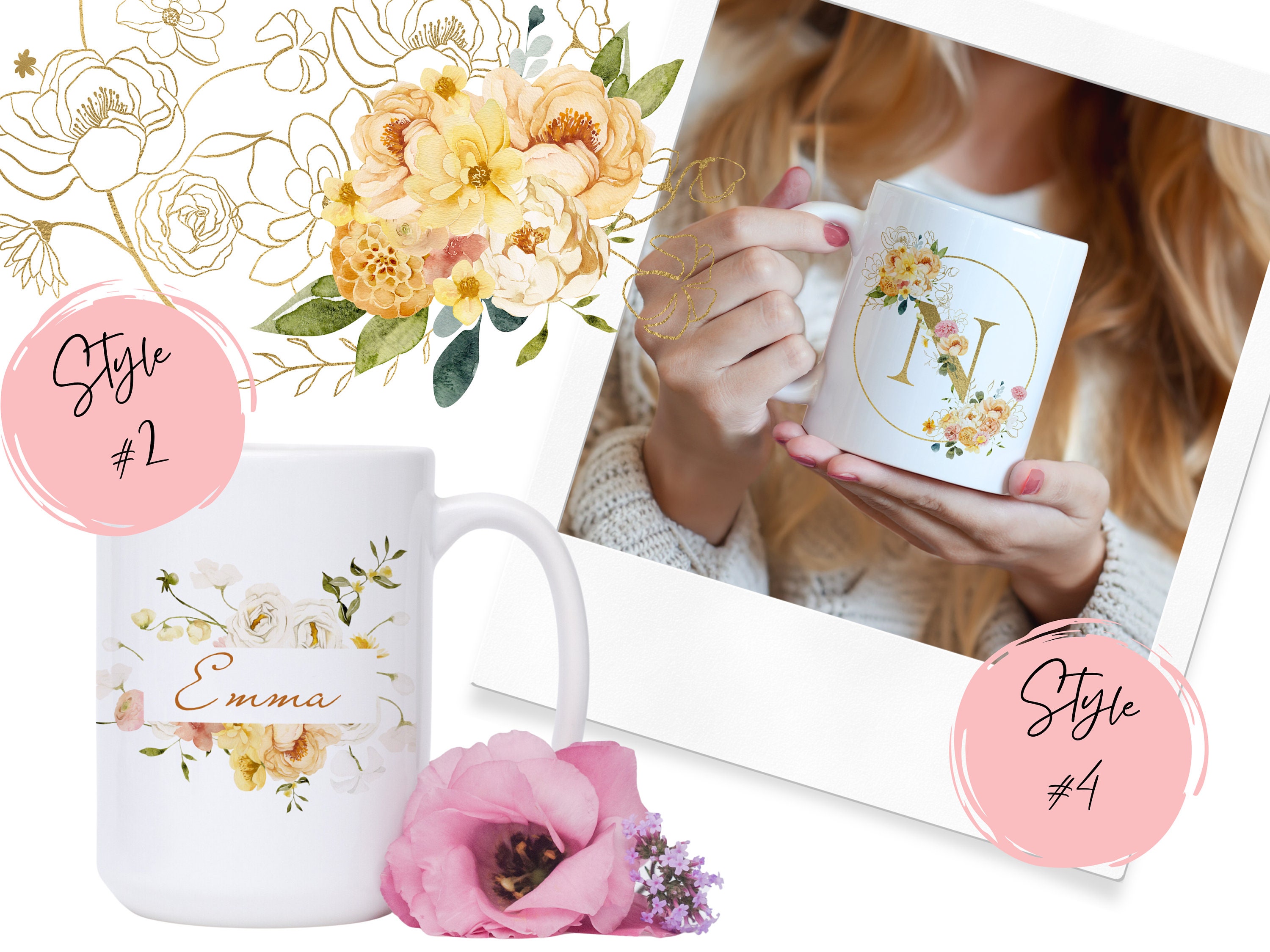 Pink Flowers Custom Name Mug • Floral Monogram Tea Cup • Personalized ...