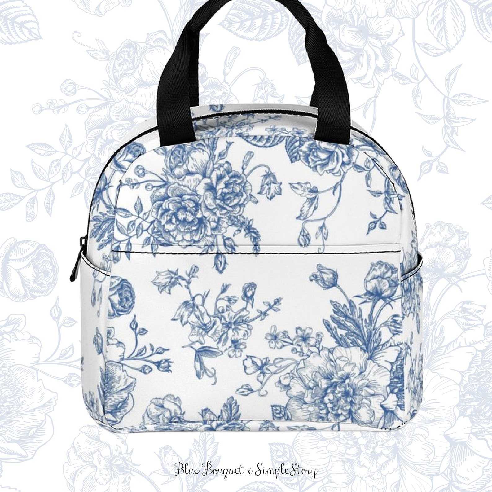 Blue Bouquet Pattern Lunch Bag • Vintage Floral Insulated Lunch Bag ...