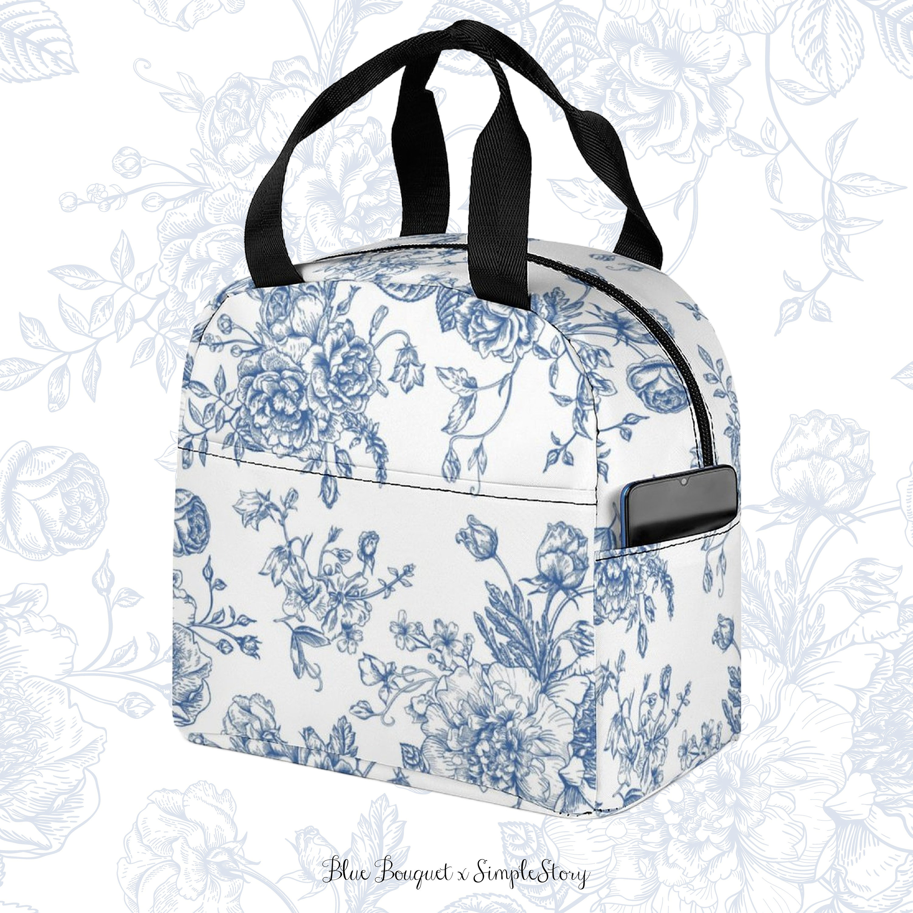 Blue Bouquet Pattern Lunch Bag Vintage Floral Insulated Lunch Bag ...