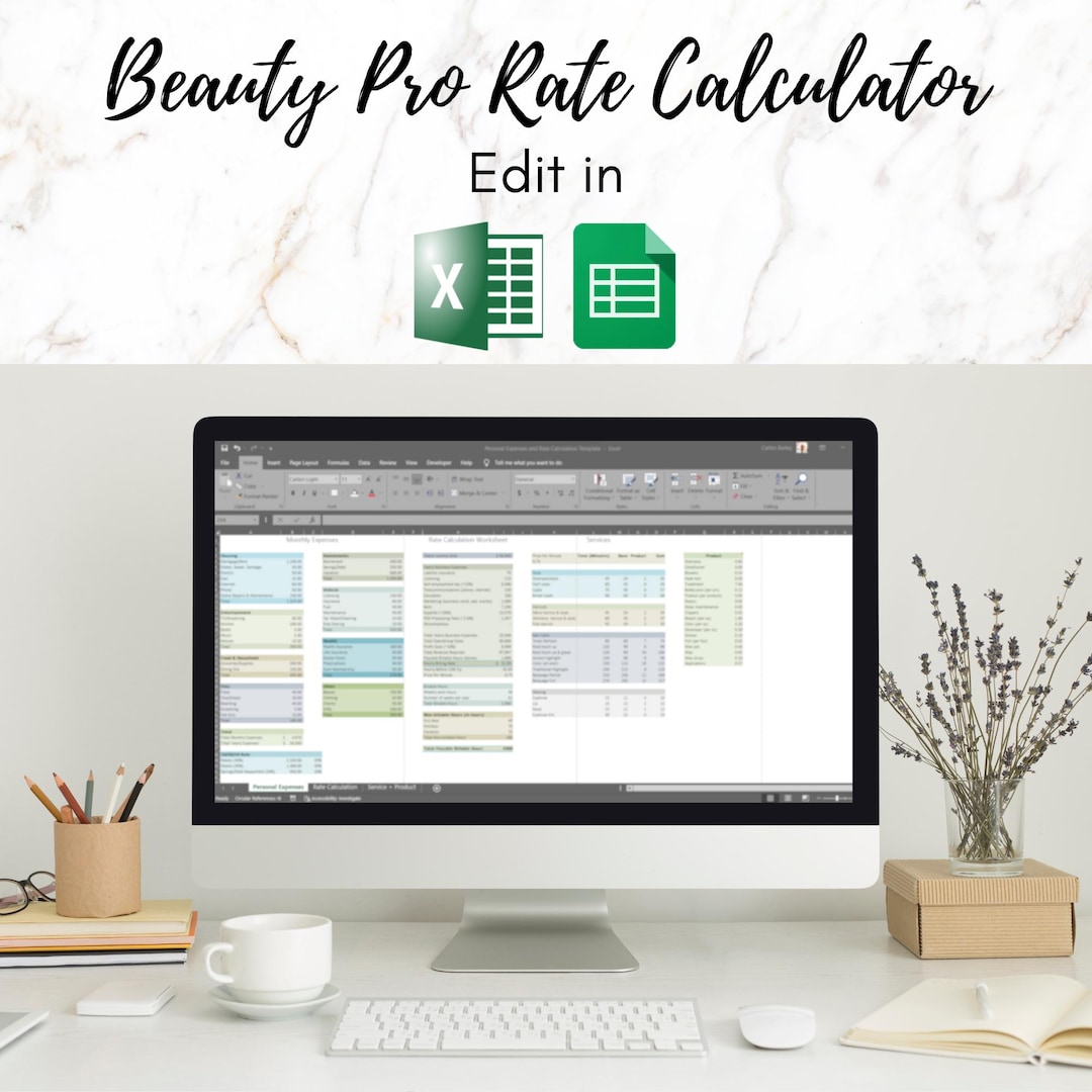 Beauty Professional Rate Calculator: Excel & Google Sheets (digital ...
