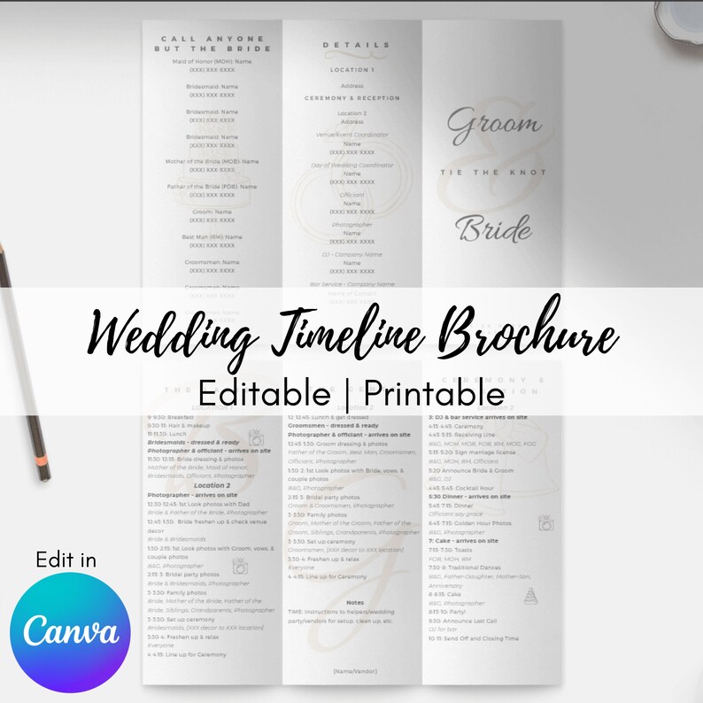 Wedding Timeline Brochure Canva Template | Wedding Day Schedule ...