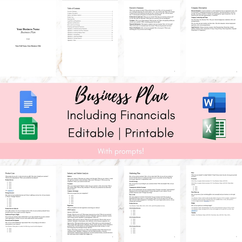 Editable Business Plan Template: Word + Excel or Google Docs + Sheets ...