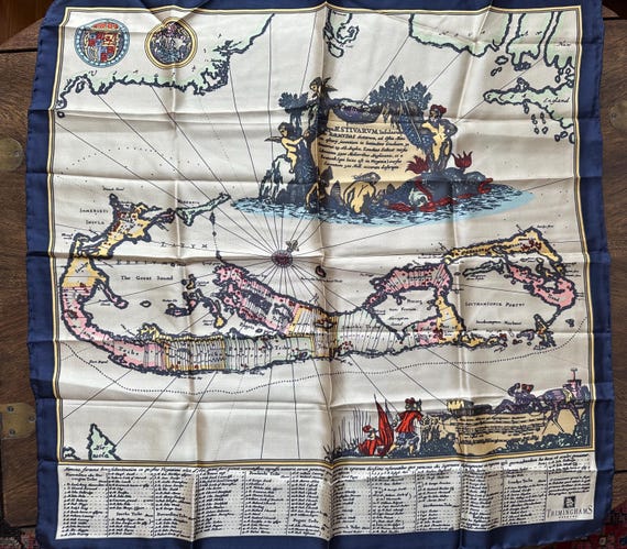 Vintage 1960's Silk Scarf - Map of Bermuda, Trimingha… - Gem