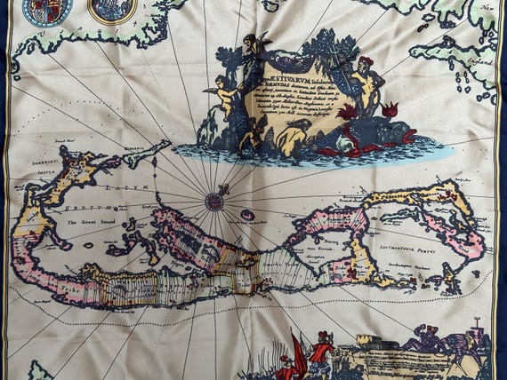 Vintage 1960's Silk Scarf - Map of Bermuda, Trimingha… - Gem