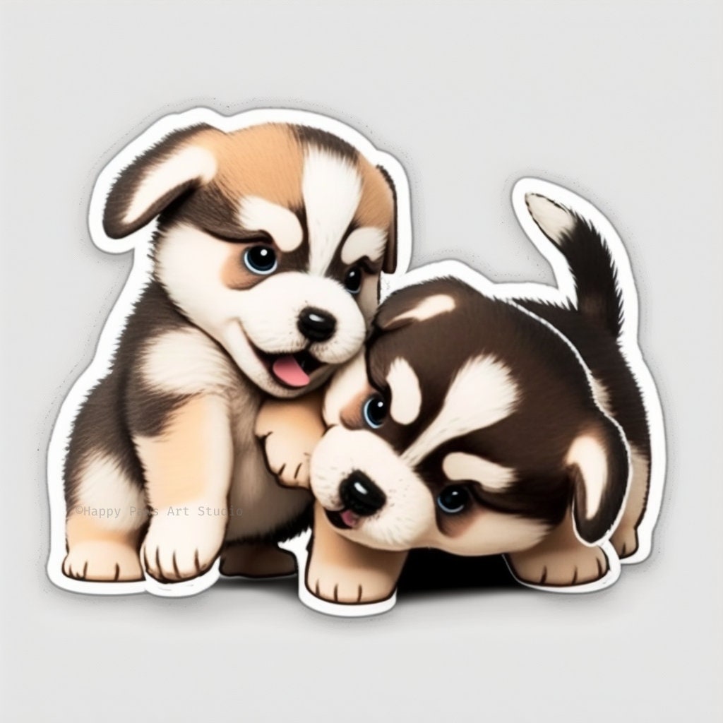 Cute Husky Puppies Playing Digital Sticker Art 140 - Etsy