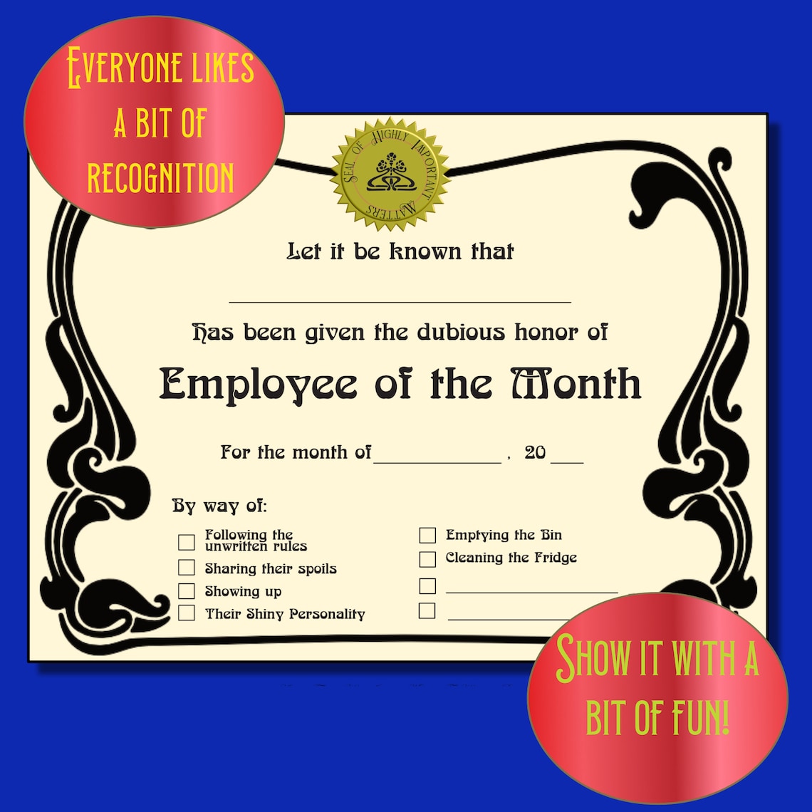 Fun Printable Employee of the Month Certificate Funny Cheeky Employee ...
