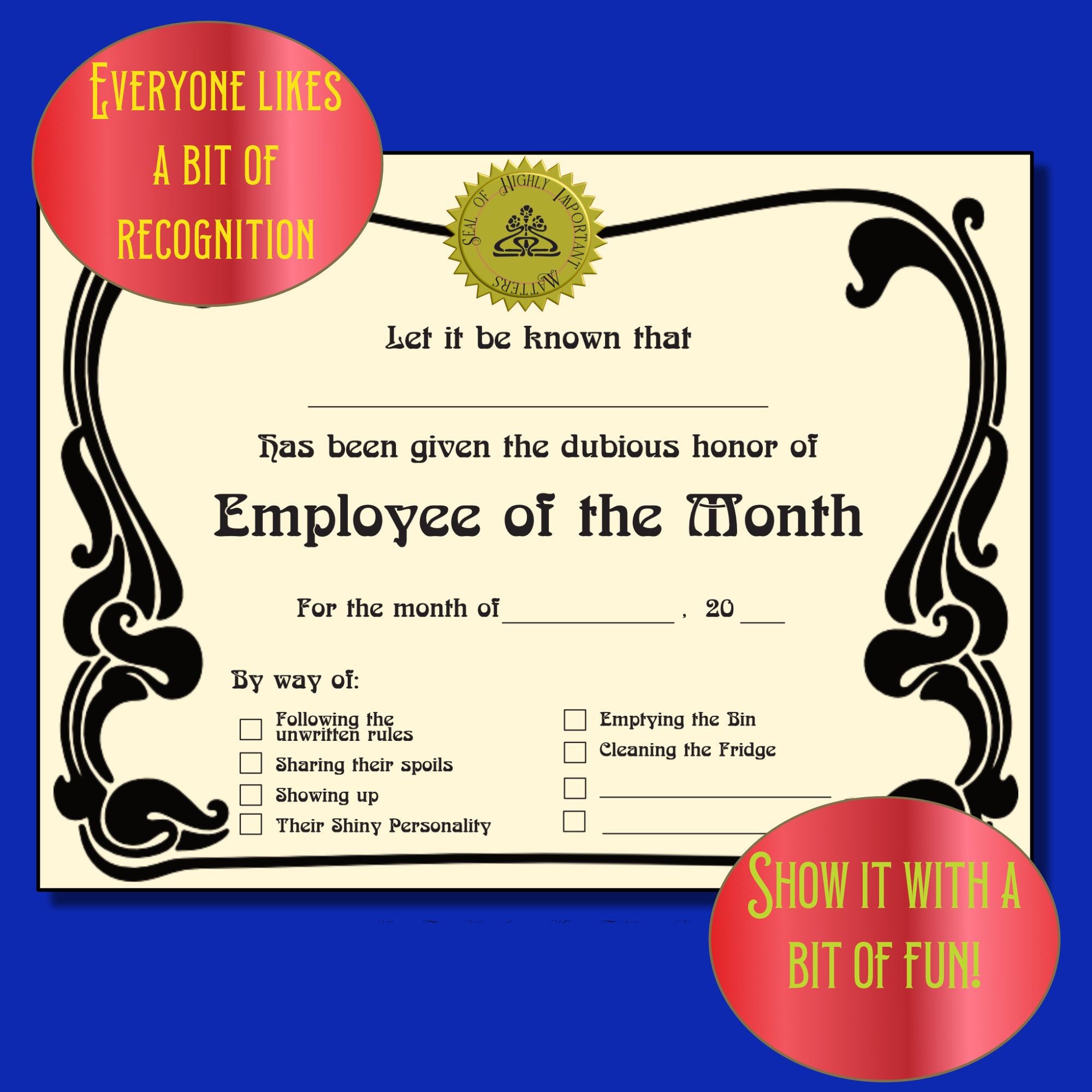 Fun Printable Employee of the Month Certificate Funny Cheeky Employee ...