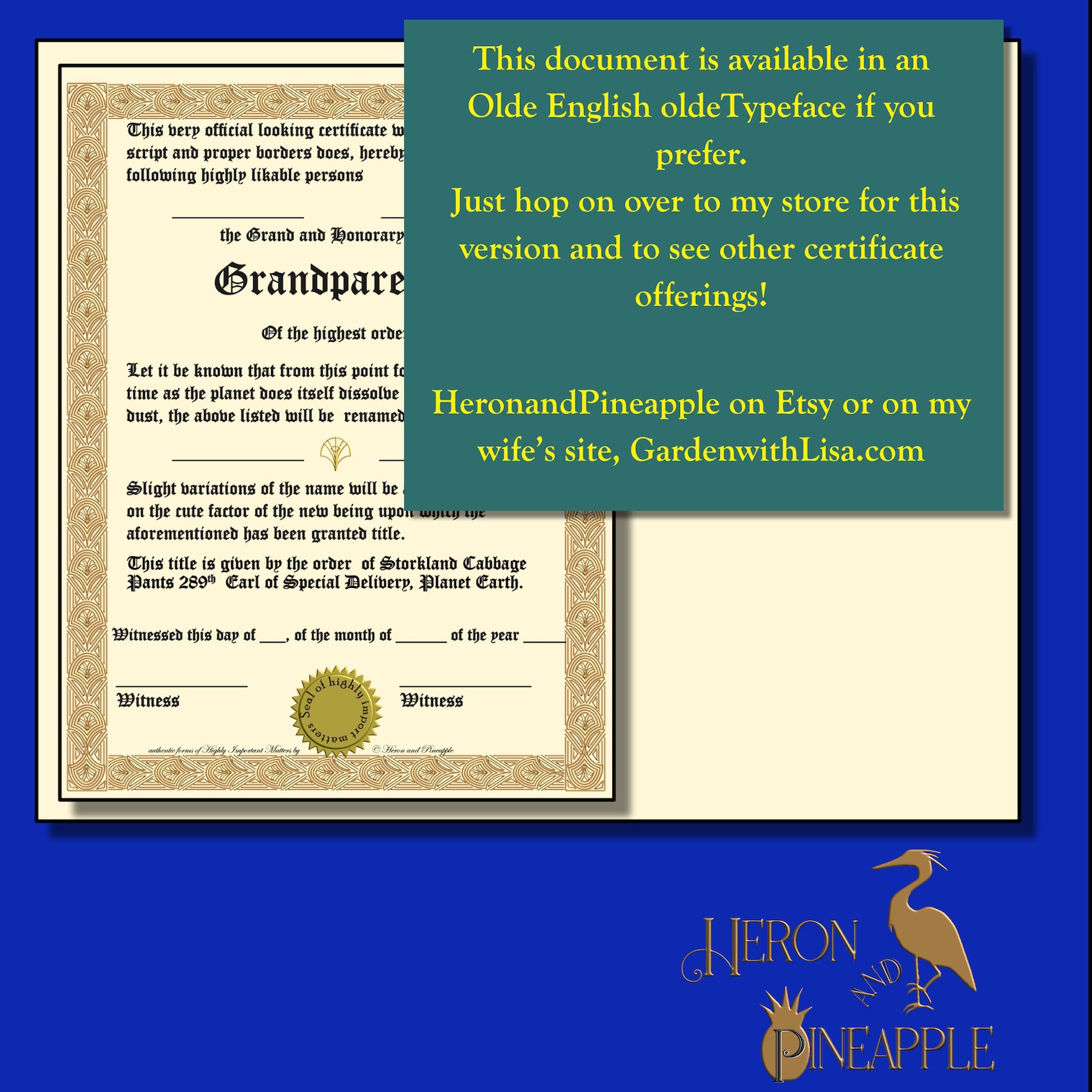 Printable Grandparent Certificate Fancy Funny Edwardian Script Official ...