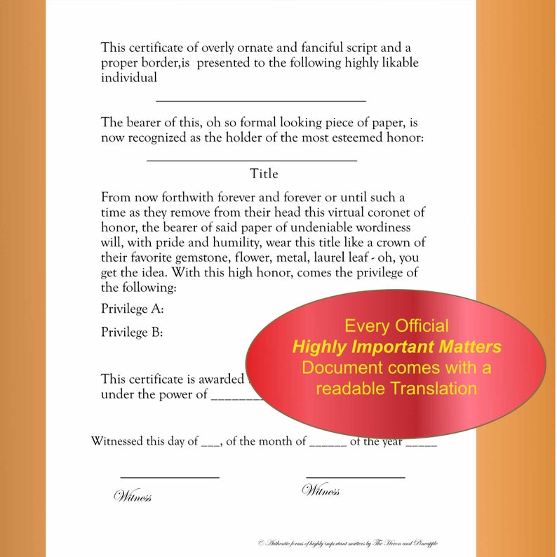 Printable "create Your Own Title" Official Document Certificate Instant ...