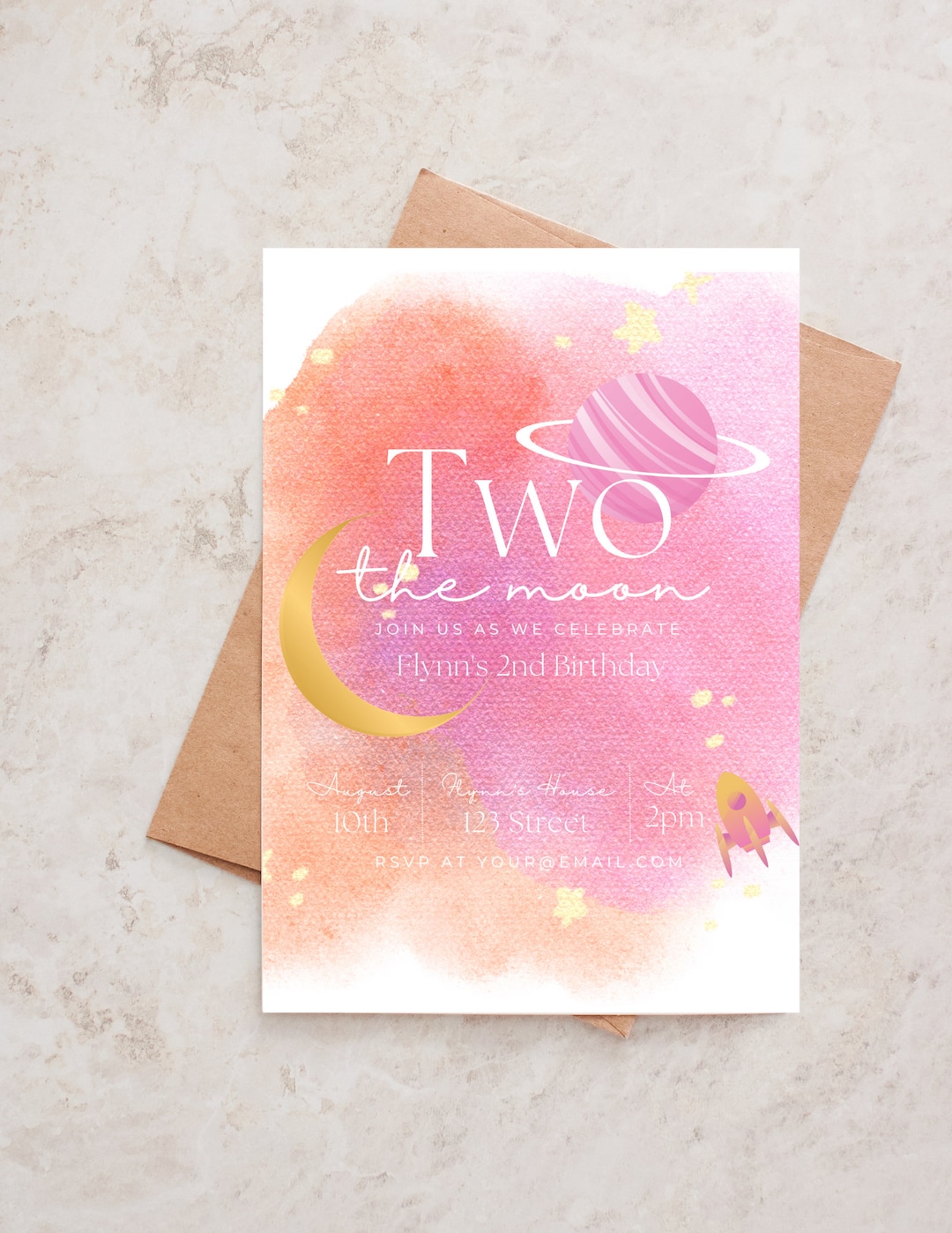 Editable Two the Moon Space Birthday Invitation Pink Gold Galaxy Outer ...