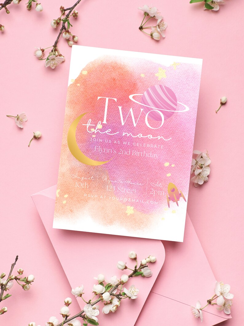 Editable Two the Moon Space Birthday Invitation Pink Gold - Etsy