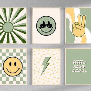 Retro Boys Room Prints: Sage Green, Smiley Face, Skateboard (set of 8 ...