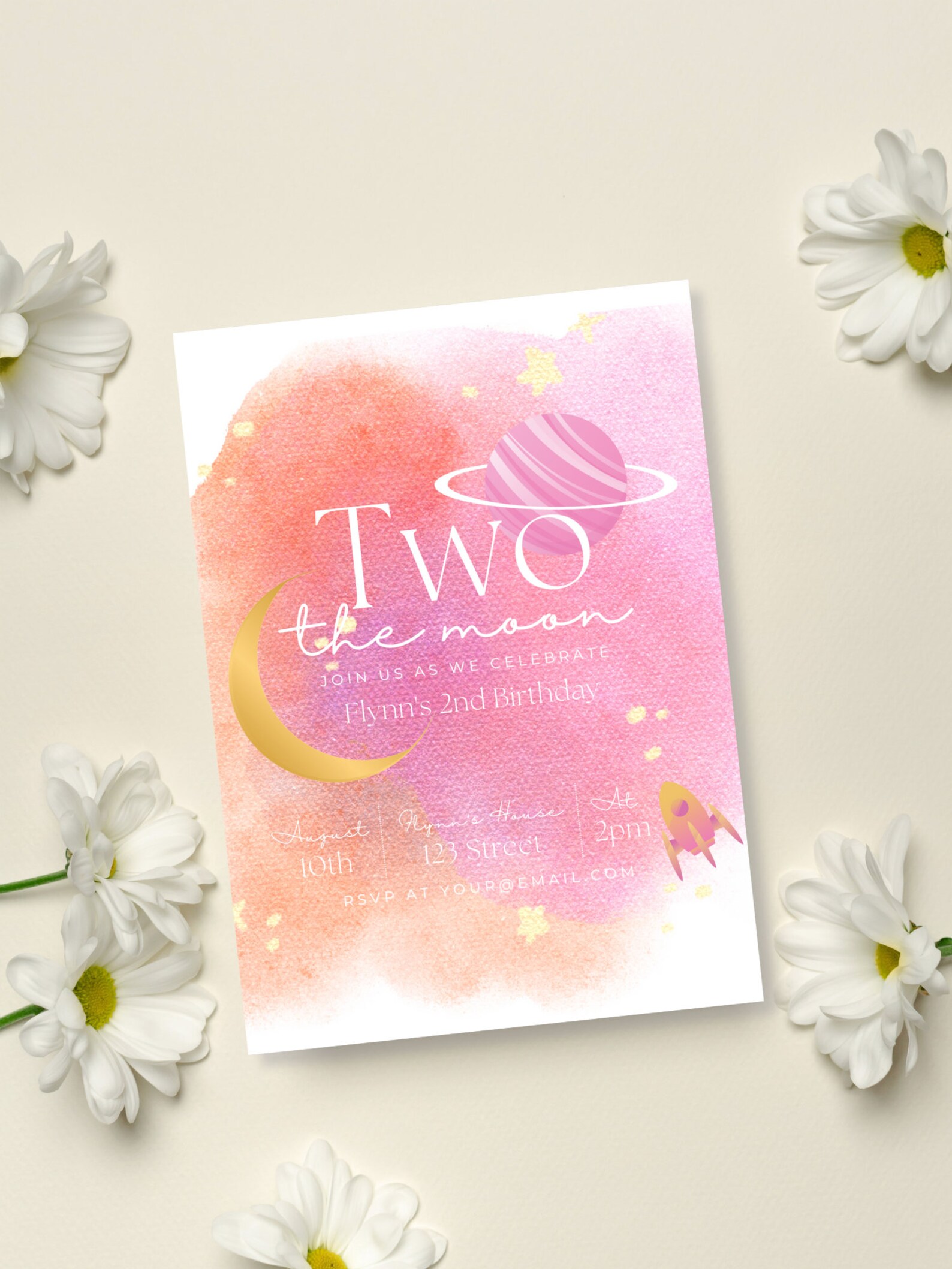 Two the Moon Birthday Invitation: Pink Galaxy Party, Girl 2nd Birthday ...
