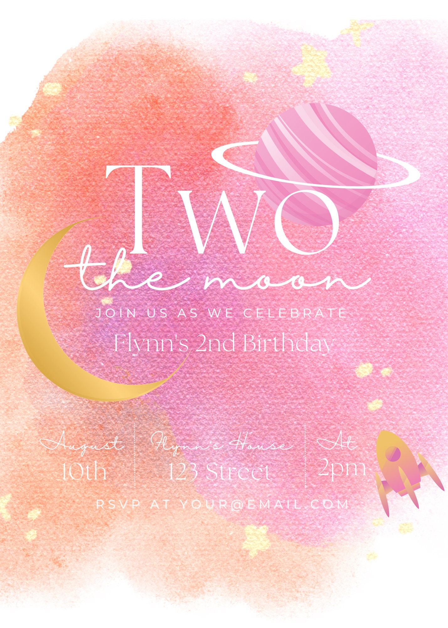 Two the Moon Birthday Invitation: Pink Galaxy Party, Girl 2nd Birthday ...