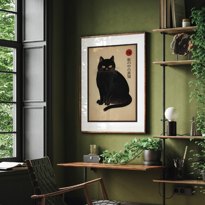 Vintage Japanese Cat Poster, Black Cat Digital Art, Gift for Cat Lovers ...