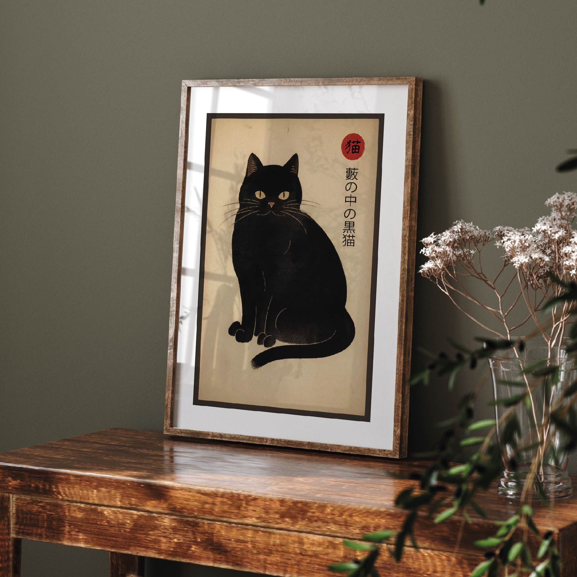 Vintage Japanese Cat Poster, Black Cat Digital Art, Gift for Cat Lovers ...