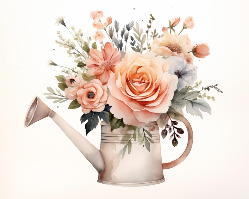 Watercolor Watering Can Floral Clipart, 10 High Quality Watering Can ...