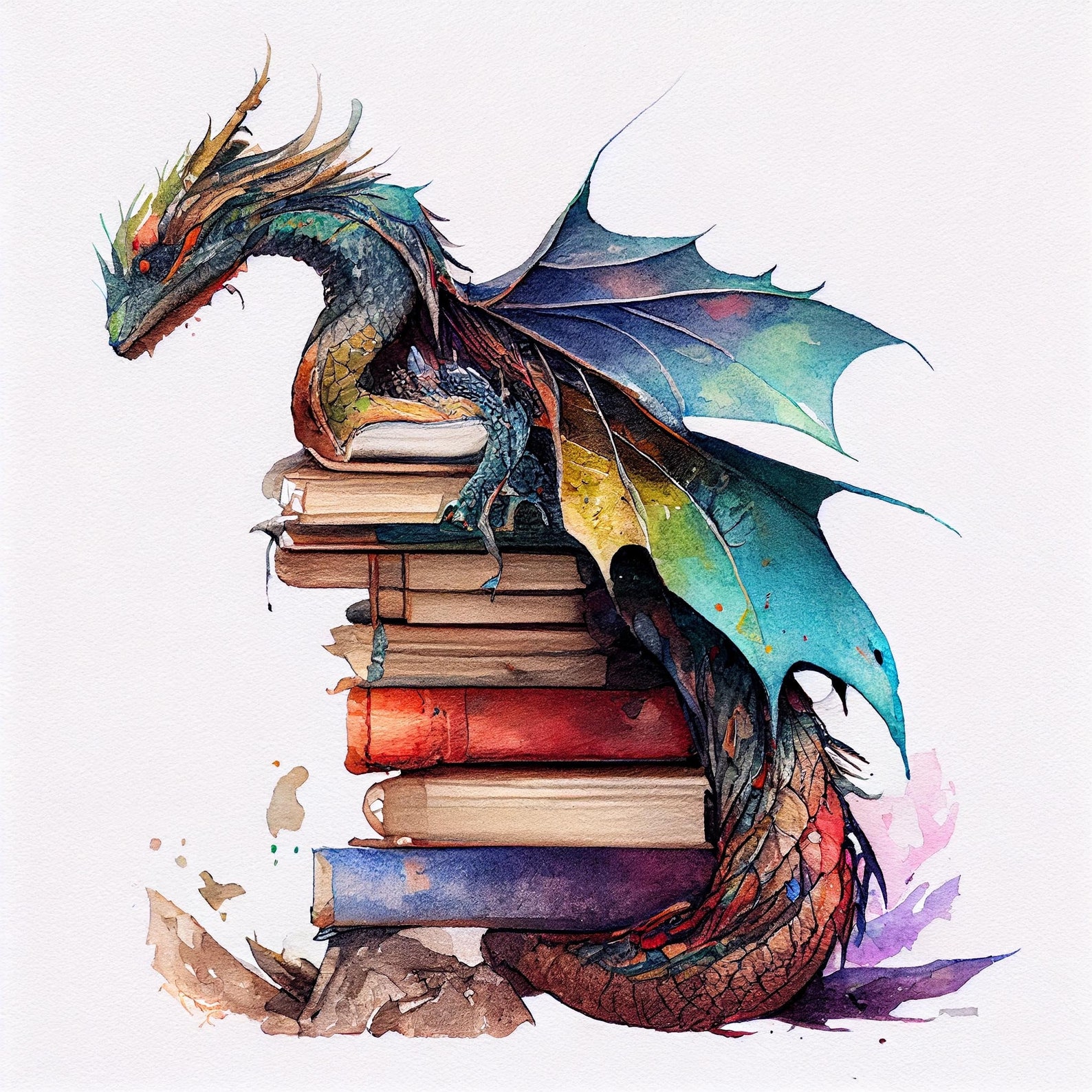 Watercolor Dragon Guarding Books Clipart, 9 High Quality Watercolor ...