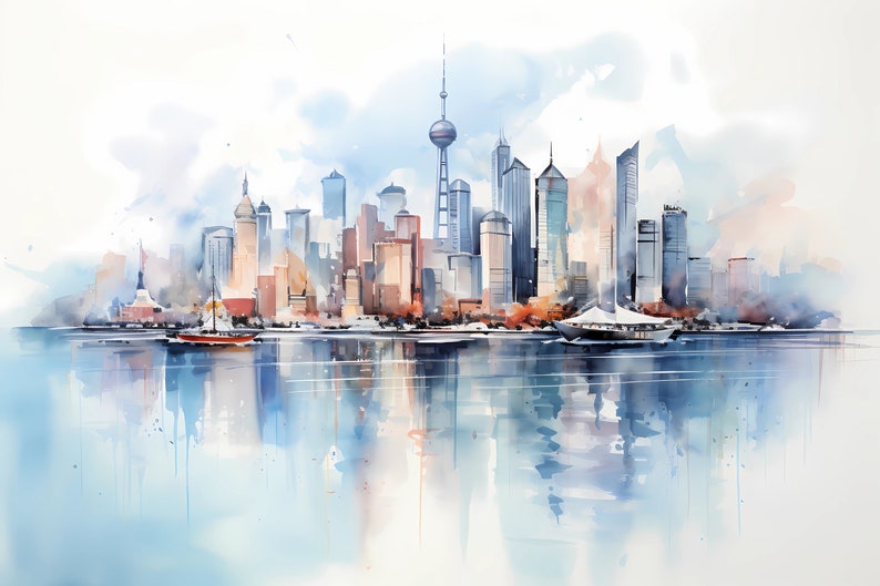 Watercolor Shanghai Skyline Clipart, 10 High Quality Shanghai Skyline ...