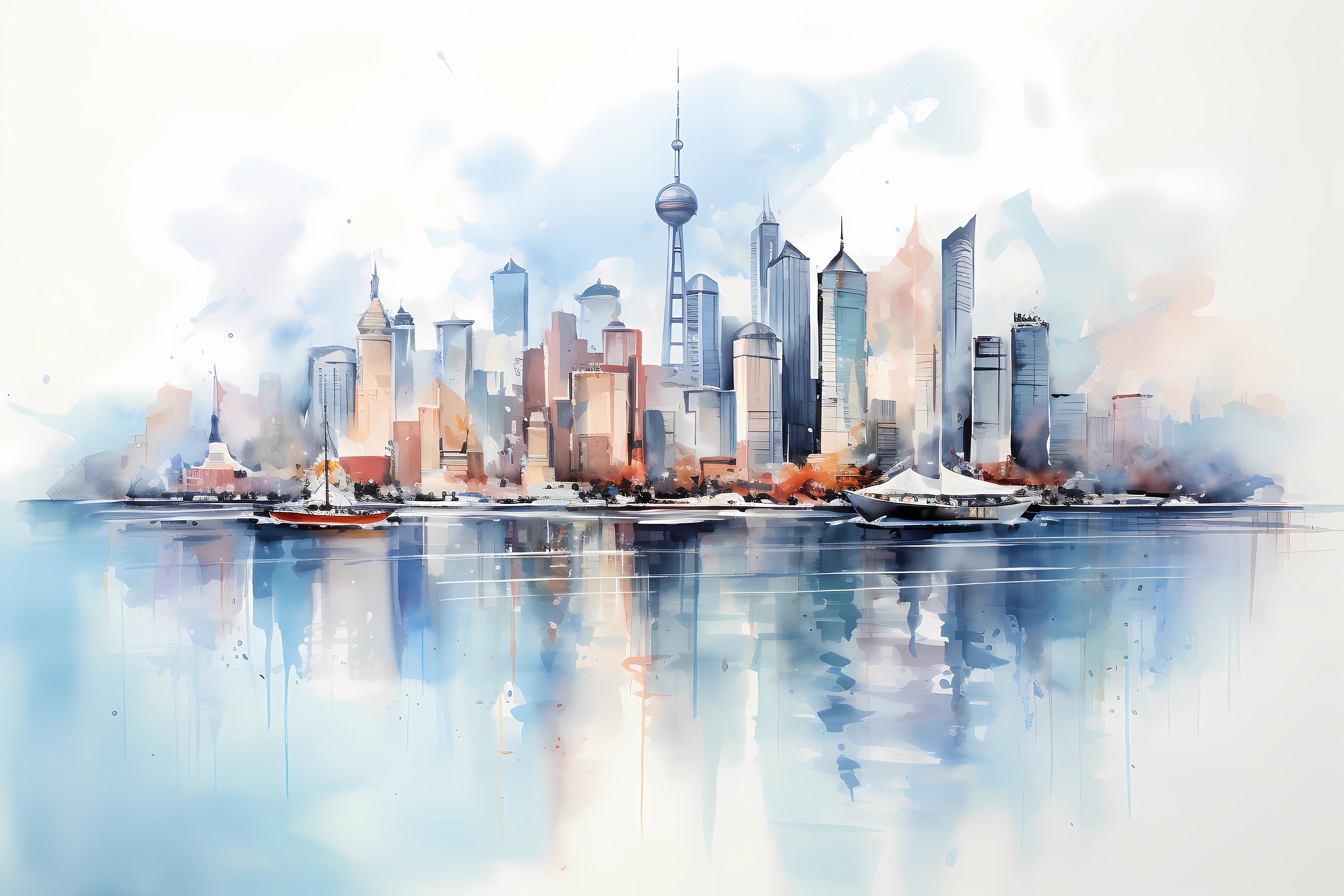 Watercolor Shanghai Skyline Clipart, 10 High Quality Shanghai Skyline ...