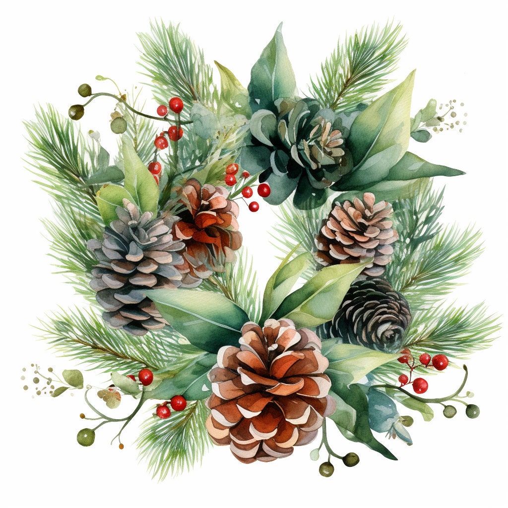 Watercolor Christmas Reef With Pine Cones Clipart, 12 High Quality ...